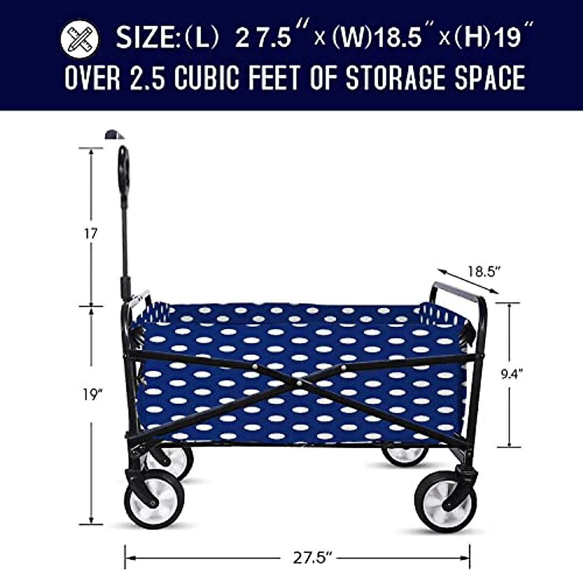 Collapsible Wagon Cart Seamless White Polka dots Navy Foldable Utility Wagon Large Capacity Garden Cart with Push Bar for Beach Camp Outdoor Shopping