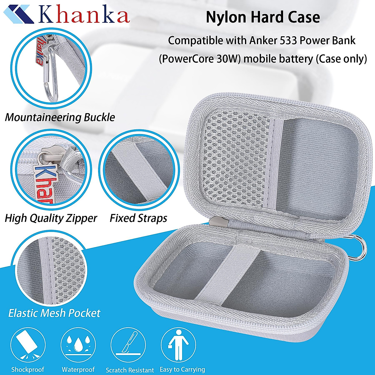 khanka Hard Travel Case for Anker 3-in-1 Fast Charging Charger with Built-In USB-C Cable/Anker 533 Power Bank/Anker Nano Power Bank,10000mAh Portable Charger (PD 30W max. Leistung),Case Only（White）