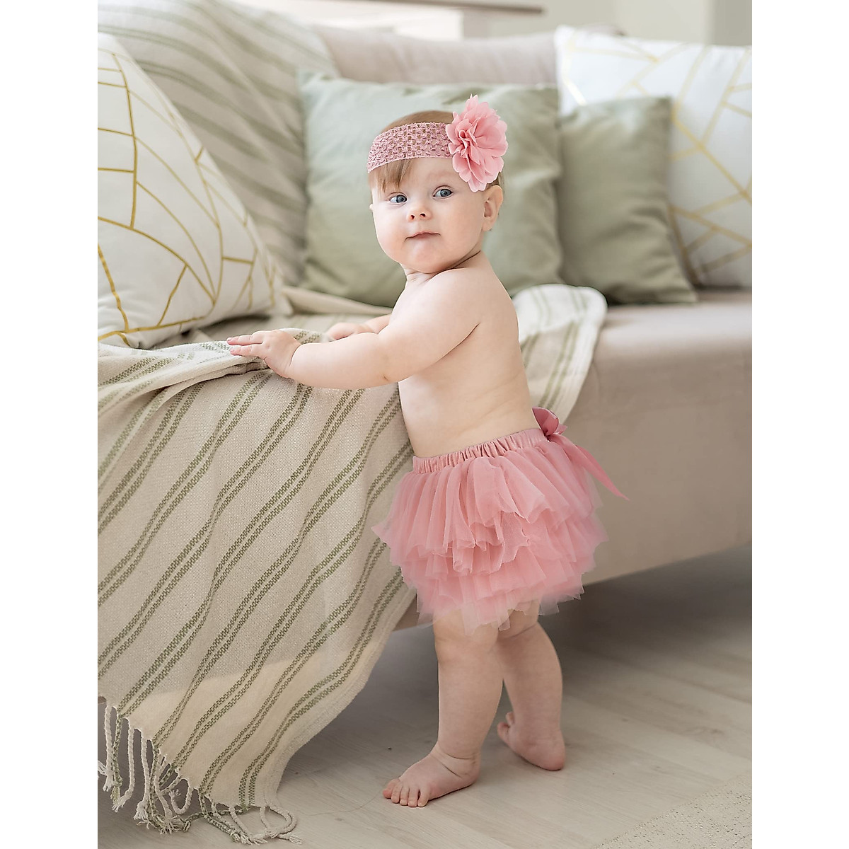 Simplicity Toddler Girls Tutu Skirt with Inner Shorts Baby Tutu Skirt w/Flower Headband Newborn Photography Outfits Girl,Bean Sand,0-6 Months