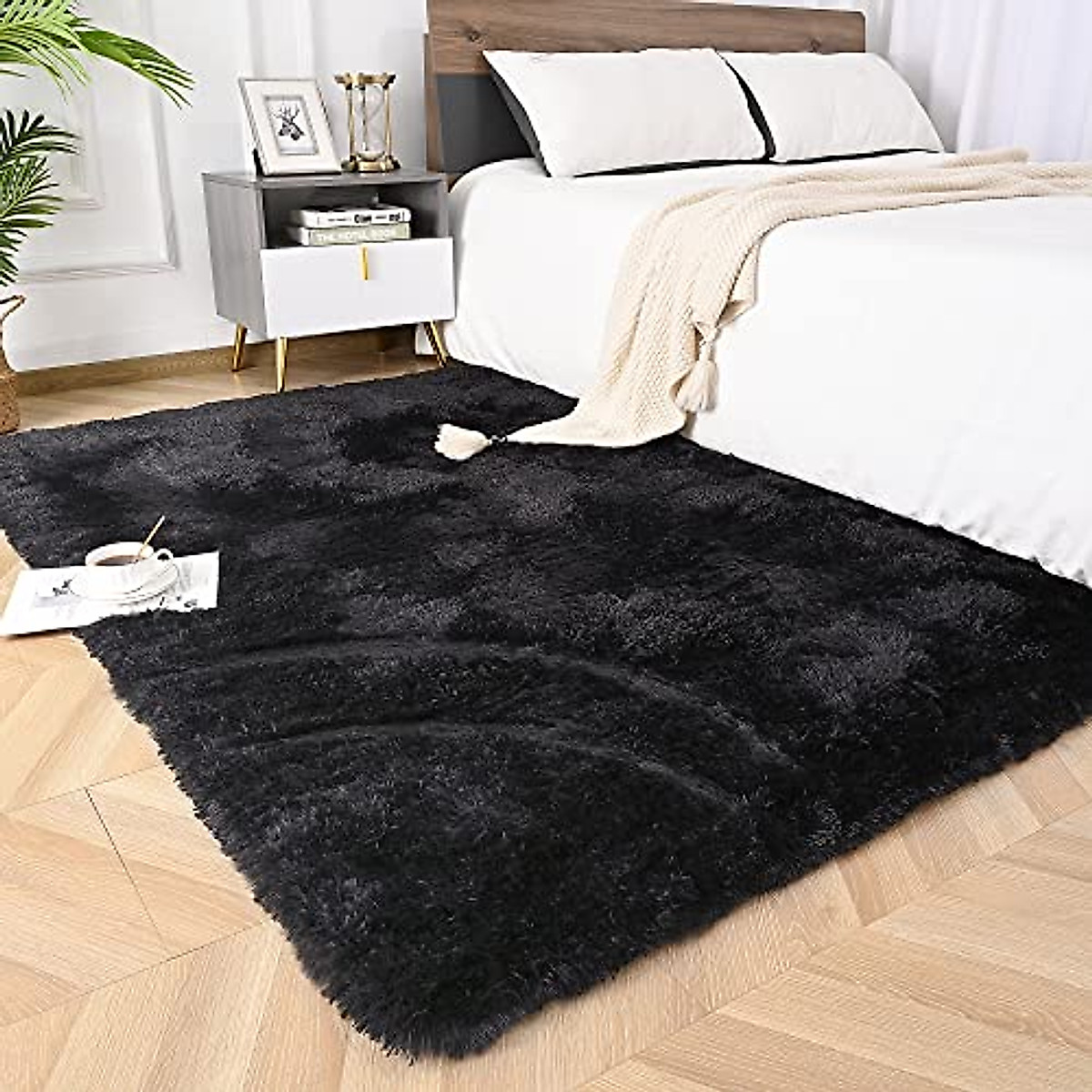 Foxmas Black Rug for Bedroom, Area Rug 4x6 Feet, Throw Rugs with Rubber Backing Washable, Rugs for Bedroom Aesthetic, Black Fluffy Rug for Living Room, Dorm Rug Fuzzy Carpet Rugs Room Decor