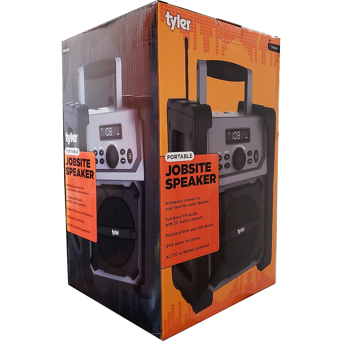 Tyler Bluetooth Jobsite Radio Speaker Wireless Battery Powered Or AC/DC - 100+ Feet Rang - USB - AUX Out - Full Band FM Radio - IPX5 Water Resistant - Outdoor Indoor Durable Portable Speaker TWS407