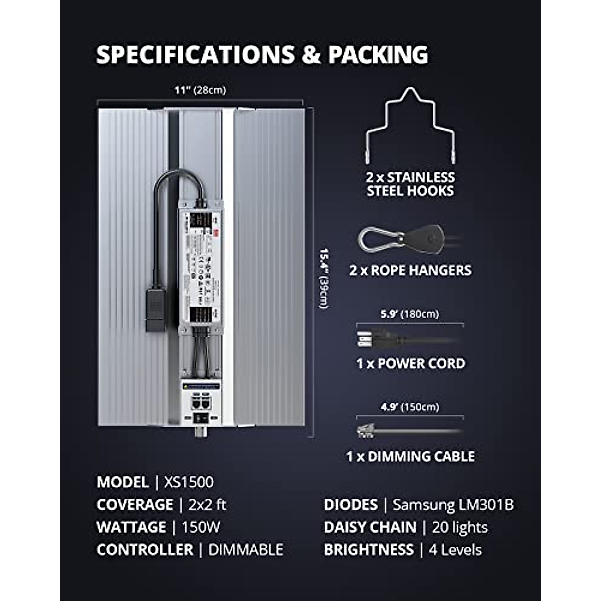 VIPARSPECTRA XS1500 LED Grow Light with Samsung LM301B Diodes & MeanWell Driver, Dimming Daisy Chain Full Spectrum Grow Lights for Indoor Plants Veg and Bloom 2x2/3x3 Grow Tent Actual Power 150Watt