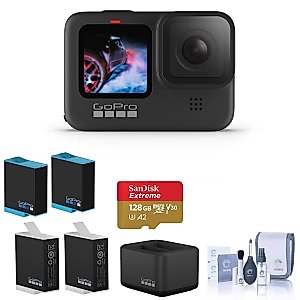 LUIBOR GoPro HERO9 Black, Waterproof Sport and Action Camera, 5K/4K Video, Power Bundle with Dual Charger, 3 Extra Battery, 128GB microSD Card, Cleaning Kit
