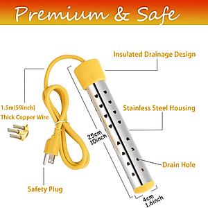 Immersion Water Heater, Electric Submersible Water Heater with Stainless Steel Guard Cover, Portable Bucket Heater to Heat 5 Gallons of Water in Minutes (Yellow)