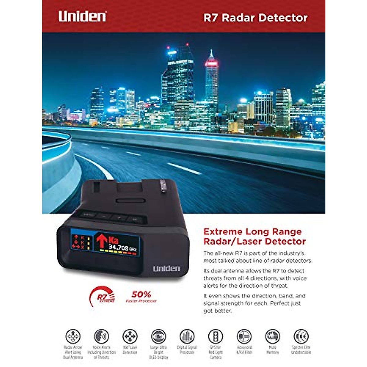 Uniden R7 EXTREME LONG RANGE Laser/Radar Detector, Built-in GPS w/ Real-Time Alerts, Dual-Antennas Front & Rear w/Directional Arrows, Voice Alerts, Red Light Camera and Speed Camera Alerts