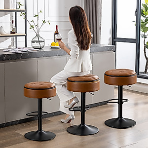 Round Storage Bar Stool Set of 2,Faux Leather Height Adjustable Barstool, 360°Counter Height Swivel Stool, Armless Bar Chair with Metal Frame for Kitchen Counter Dining Living Room Whiskey Brown