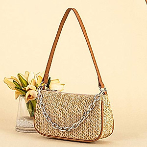 GL-Turelifes Small Straw Bags Summer Beach Bag Casual Clutch Shoulder Tote HandBag with Zipper Closure for Women (Brown B)