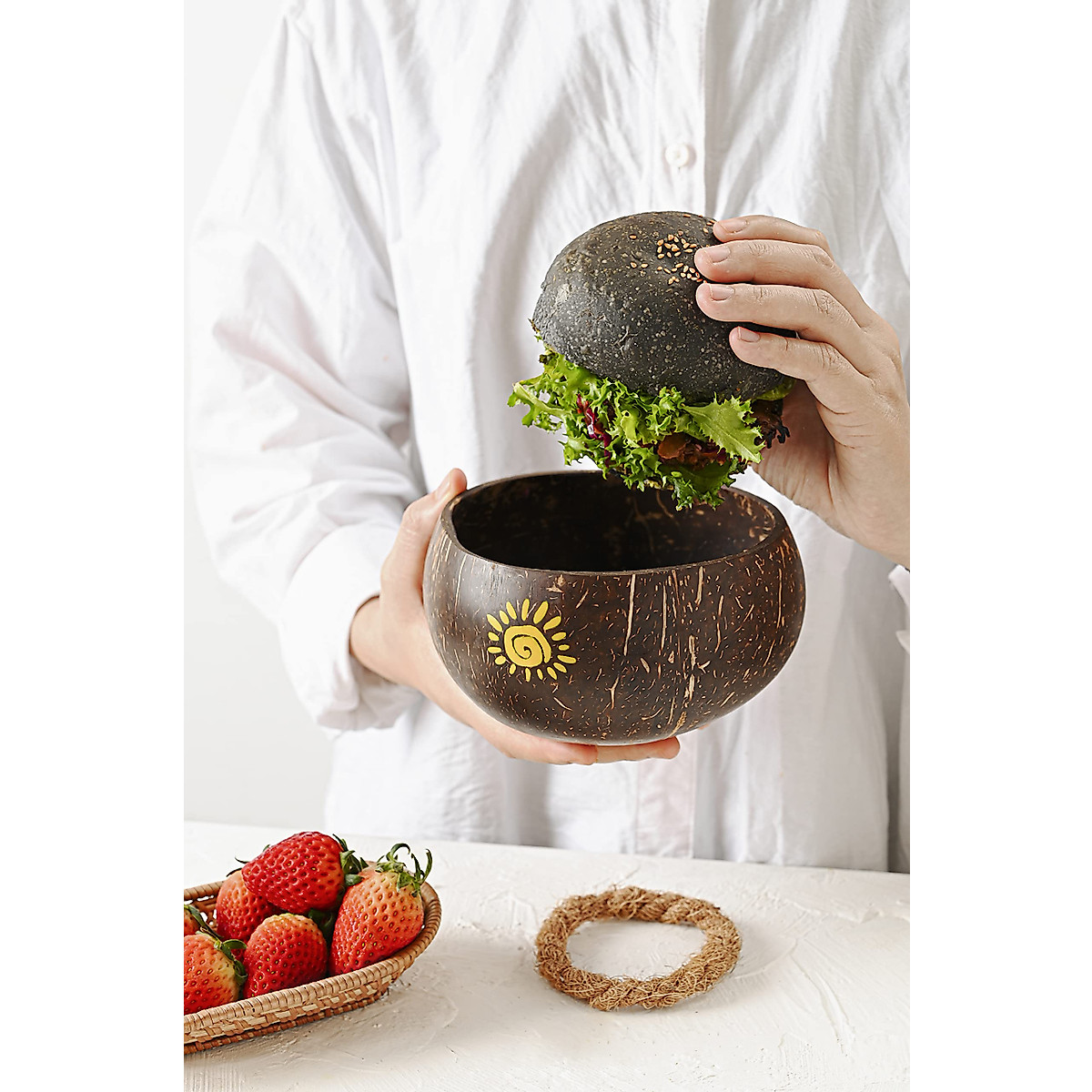 CocoNat Hand-painted Coconut Bowls with Spoon Set and No-Wobble Holders for serving Smoothies, 100% Natural - Durable - Eco Friendly, Handmade Organic Coconut Shells (Mermaid)