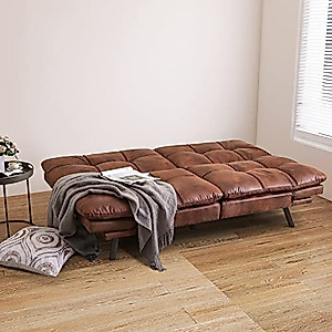 Vyfipt Futon Sofa Bed/Couch, Memory Foam Small Splitback Sofa for Living Room,Modern Loveseat with Covertible Armrests,71" L,Faux Leather/3" Cushion Thicker Version/Brown