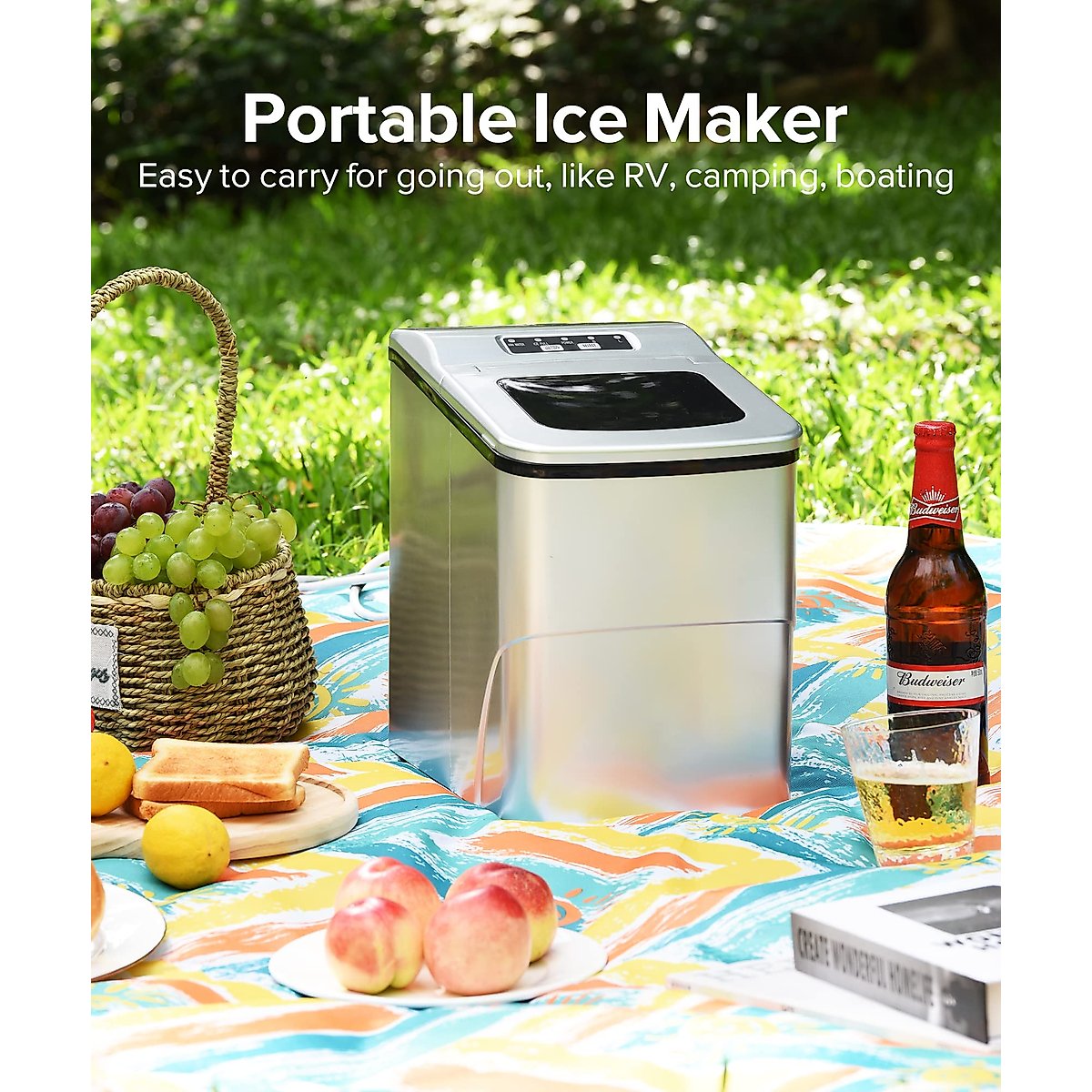 26Lbs Ice Maker Countertop, 9 Ice Cube Ready in 6 Mins, 26Lbs/24H, Self-Cleaning Ice Maker Machine, 2 Sizes Ice Cube Portable Ice Maker, Ice Scoop/Basket/Hook/5pcs Ice Bags, for Home Camping Party RV