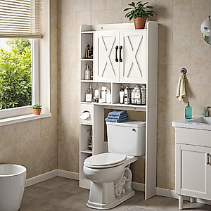 JUMMICO Over The Toilet Storage Cabinet, Bathroom Organizer with 2 Magnetic Doors and Adjustable Shelves, Home Space-Saving Toilet Rack with Paper Holder Stand, for Bathroom, Restroom, Laundry (White)