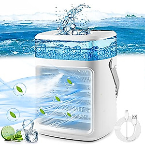 Portable Air Conditioner, Rechargeable Personal Air Cooler, USB Air Conditioner Fan with 3-Speed, Cordless 3 in 1 Mini Air Conditioner Desk Spray Fan, Quiet Aroma Diffuser Fan with Handle for Home/Camping/Desk