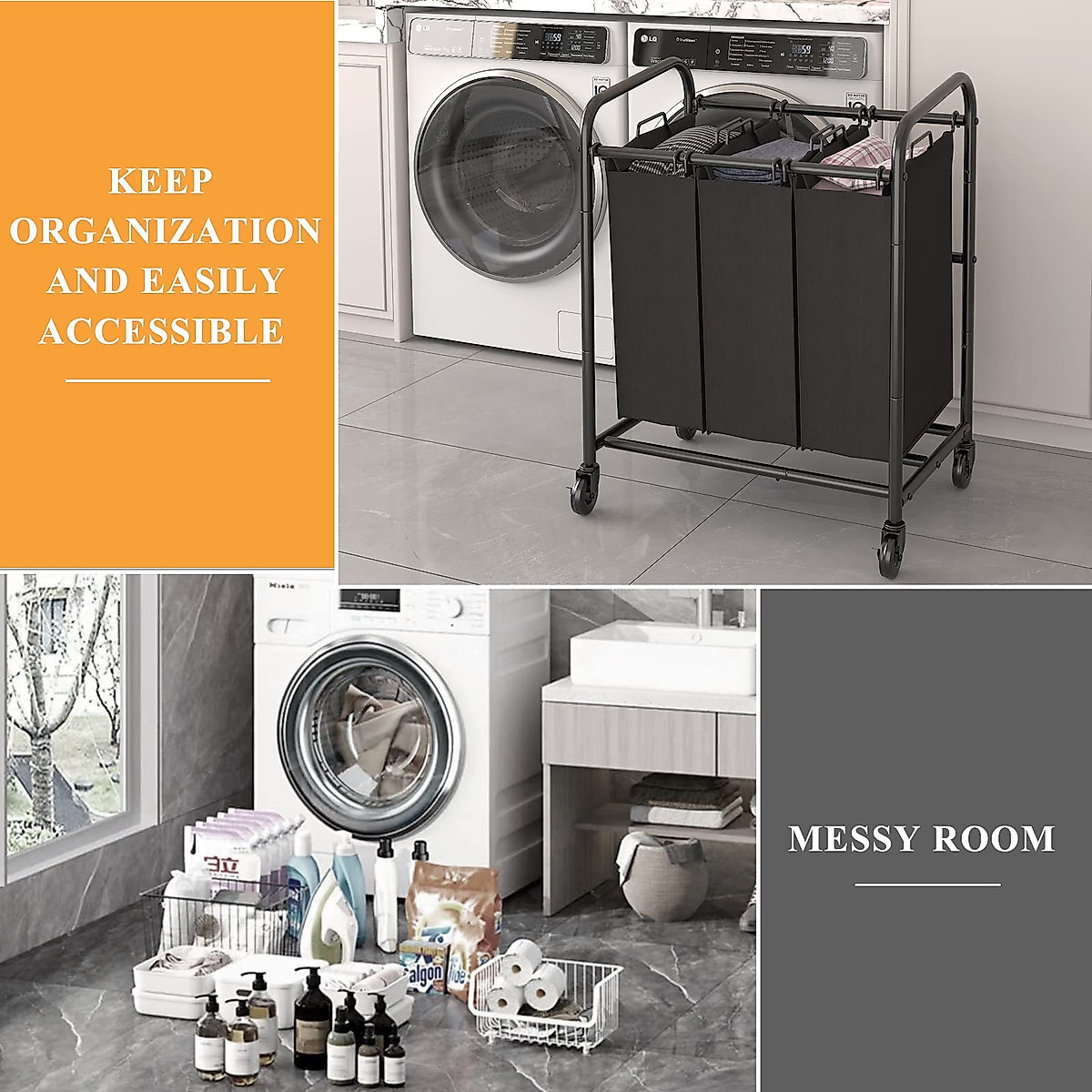 Wisdom Star 3 Bag Laundry Sorter Cart, Laundry Hamper Sorter with Heavy Duty Rolling Wheels and Removable Bags for Clothes Storage,Laundry Organizer Laundry Basket Laundry Clothes Hamper, Black