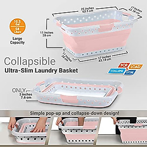 Pop & Load Collapse & Store 1 Large 25" Slim Collapsible Plastic Laundry Basket, Space Saving Portable Pop Up Storage & Organization Basket, 3" High When Folded, 3 Comfort Grip Handles, Blush Pink