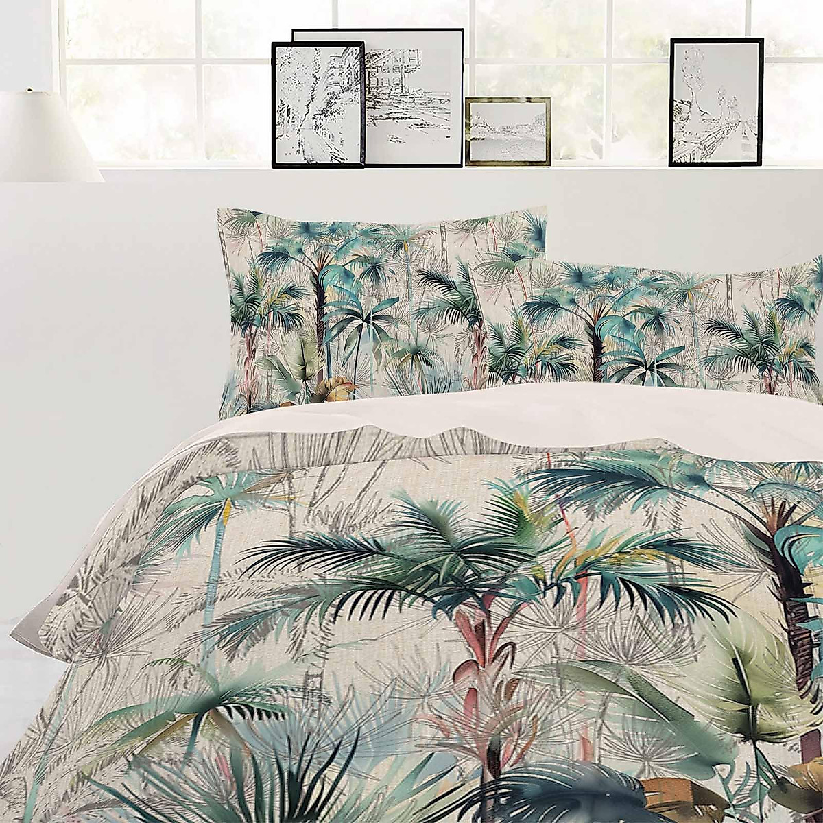 Lsrtoss Summer Palm Trees California King Duvet Cover Set, Vintage Botanical Tropical Leaves Microfiber 3 Piece Bedding Set with 2 Pillowcases & 1 Quilt Cover, 92" W x 106" L, California King Size