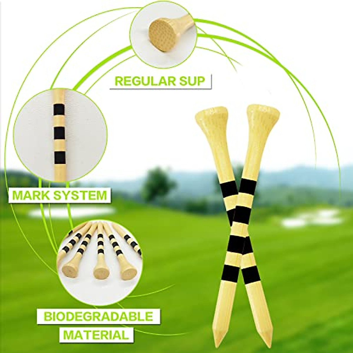FINGER TEN Golf Tees Wood 3 1/4 Inch 120 Count, Durable Biodegradable Wooden Bamboo Tee 83mm (Wood&Black, 3 1/4 Inch(120 Pack))