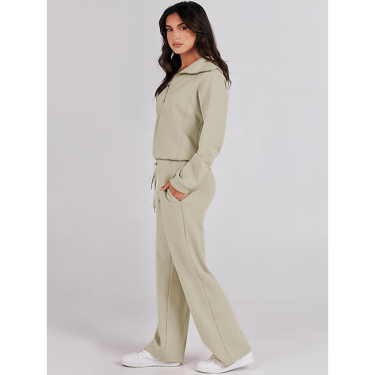 ANRABESS Women 2 Piece Outfits Sweatsuit Oversized Sweatshirt Sweatpants Tracksuit Sweat Lounge Matching Set 2024 Fall Trendy Light Khaki Medium