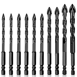 10PCS Masonry Drill Bit Set, 3/16”-1/2” Concrete Drill Bits for Tile Brick Glass Plastic, Tungsten Carbide Tip Drill Bit Work with Wood, Ceramic Tile, Wall Mirror, 1/4" Hex Shank, Black
