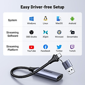UGREEN Video Capture Card 4K HDMI to USB-A/USB-C HDMI Capture Card Full HD 1080P USB 2.0 Capture Video and Audio Recording for Gaming, Streaming, Teaching, Video Conference