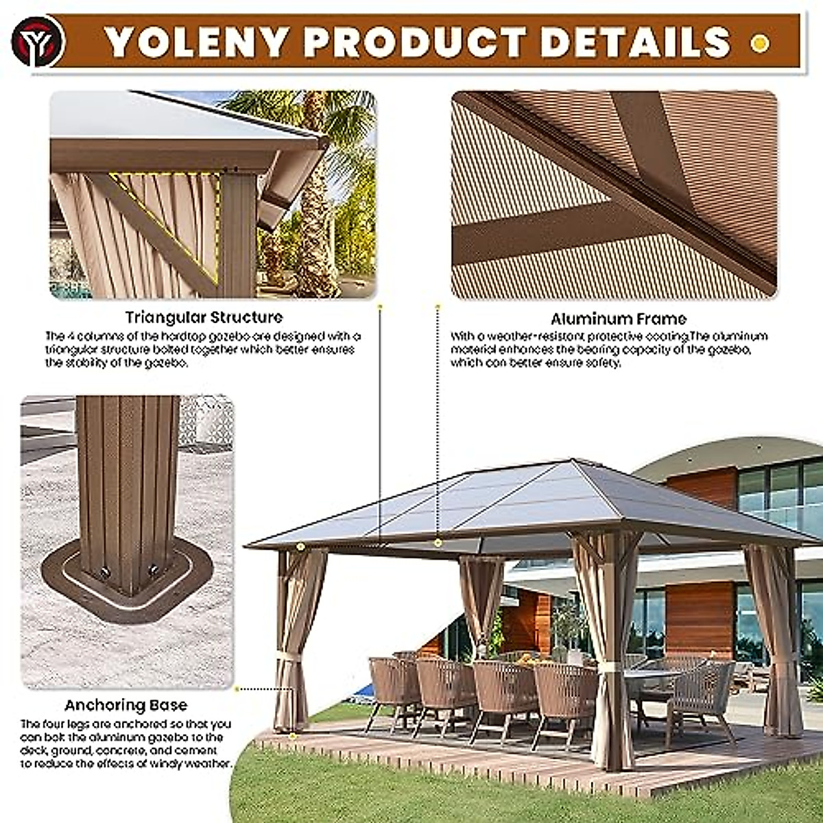 YOLENY 12'x16' Hardtop Gazebo, Outdoor Polycarbonate Roof Canopy, Aluminum Frame Permanent Pavilion with Curtains and Netting, Sunshade for Garden, Patio, Lawns