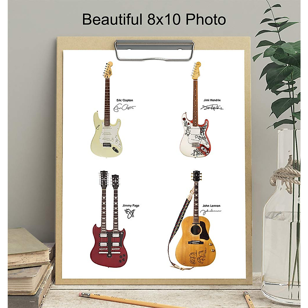 Iconic Rock Star Guitars Wall Art Poster - 8x10 Photo Print - Cool Gift for John Lennon, Jimmy Page, Jimi Hendrix, Eric Clapton Fans, Guitarists, Musicians - Unique Home Decor, Room Decoration