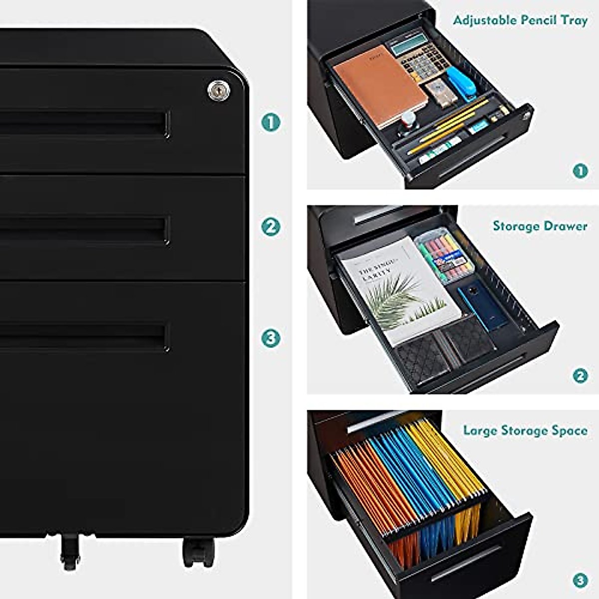 MIIIKO Mobile Filing Cabinet 3 Drawer, Rolling Small File Cabinet with Keys Under Desk, Modern Black Filing Cabinet for Home Office with Anti-tilt Wheels, A4/Letter/Legal Hanging File Drawers