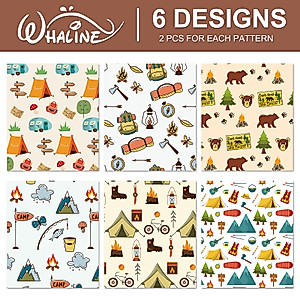 Whaline 12 Sheet Camping Wrapping Paper Tent Bear Tree Mountain Gift Wrap Paper Folded Flat DIY Craft Art Paper for Camp Theme Party Decor Wrapping Supplies