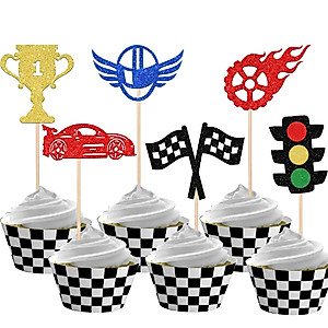 24 PCS Race Car Cupcake Toppers Glitter Traffic Light Wheel Trophy Flag Helmet Racing Car Cupcake Picks for Let's Go Racing Sports Theme Baby Shower Boys Birthday Party Cake Decorations Supplies