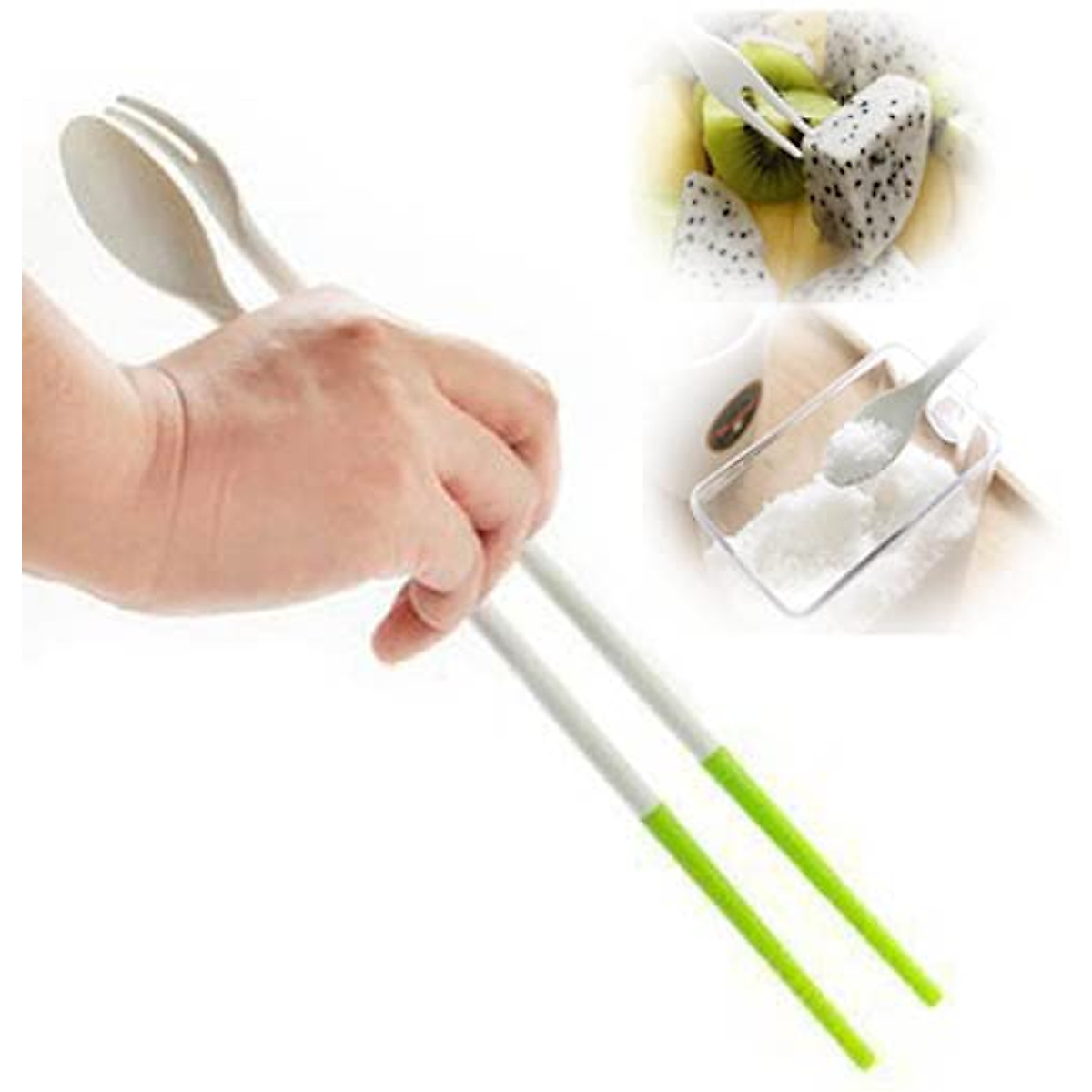 Silicone Cooking Chopsticks with Measuring spoon and fork,Safe Frying,Hot Pot,Seasoning spoon,Measuring spoon,Dessert fork,Fruit fork,Toothpick fork. (Green (tail spoon + fork))