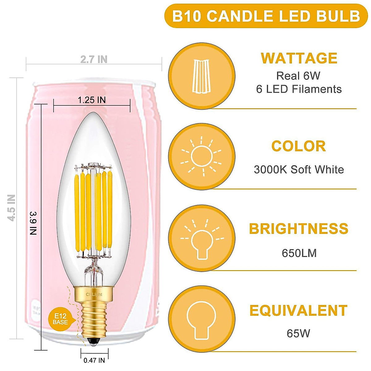 CRLight Dimmable LED Candelabra Bulb 70W Equivalent 700LM, 6 LED Filaments Real 6W LED Chandelier Light Bulbs, 3000K Soft White, E12 Base, B10 Candle Clear Glass Decorative Bulb, Pack of 4