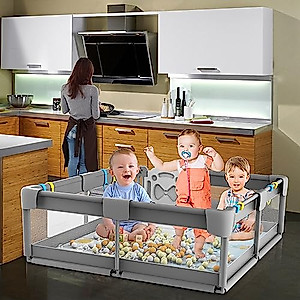 Baby Playpen with Mat,79"x71 "x27"Extra Large Baby Playpen,0.4 IN Play Mat,60 Pcs Ocean Balls, Breathable Mesh Indoor & Outdoor Kids Activity Center Baby Playpen,Safety Baby Gate Playpen