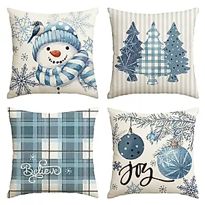 AVOIN colorlife Winter Snowman Joy Snowflake Christmas Throw Pillow Covers, 18 x 18 Inch Xmas Tree Winter Holiday Buffalo Plaid Cushion Case Decoration for Sofa Couch Set of 4
