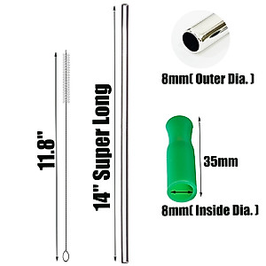 Wobye 4 Pieces 14" Extra Long 0.32" Big Wide Reusable Stainless Steel Metal Straws with Cleaning Brush & Silicone Tip for 128 100 75 64 40 oz Large Water Bottle, Tall Tumbler, Wine Bottle