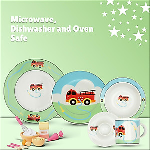 Children's Porcelain Dinnerware Sets, Kids Dinnerware Sets, Kids Porcelain Plates - Bowl - Junior Mug - Egg Cup Sets, Children's Porcelain Tableware Sets (Firetruck)