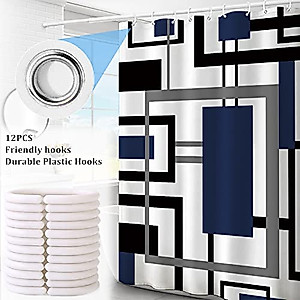 Izayoi 4 Pcs Geometric Shower Curtain Sets Non-Slip Rugs Bath Mat, Toilet Cover, U-Shaped Mat, Abstract Modern Shower Curtain with 12 Hooks, Blue Bathroom Set