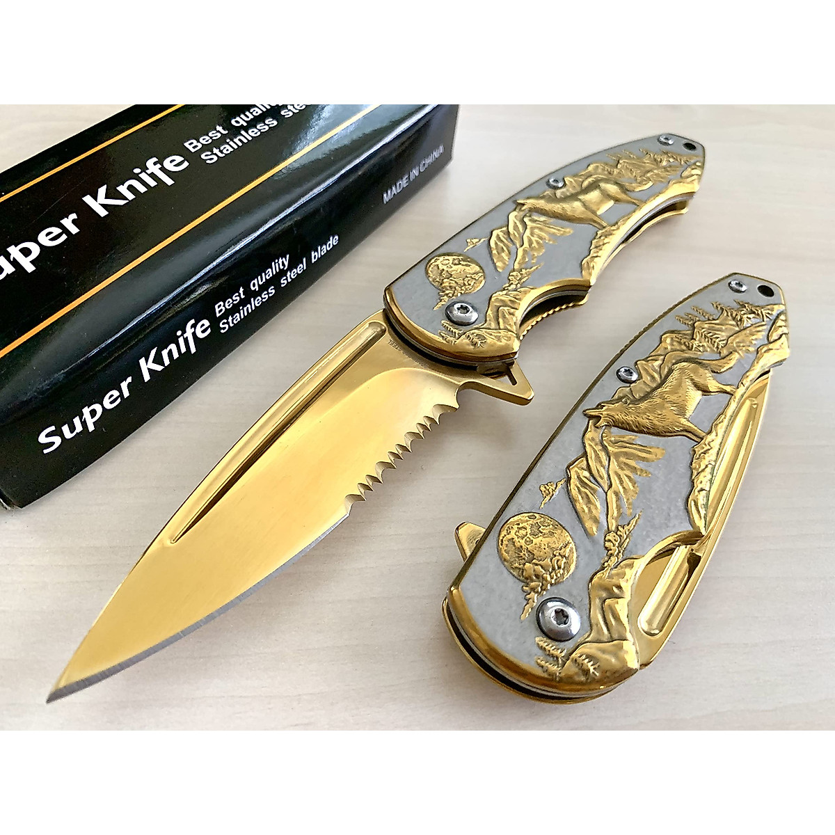 Wolf Pocket Knife, Spring Assisted Tactical Knife with Stainless Steel 3.5" Blade for Tactical Rescue, Self Defense, Hunting, Survival Glass Breaker Knives (Gold)