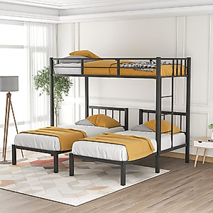 Harper & Bright Designs Twin Over Twin Bunk Beds for 3, Metal Triple Bunk Bed with Guardrails for Kids, Teens, Boys, Girls (Black)