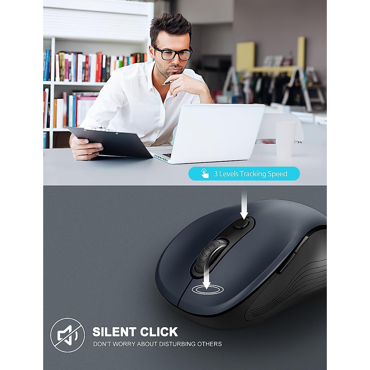 Trueque Wireless Mouse for Laptop, 2.4GHz Ergonomic Computer Mouse with Back & Forward Buttons, 3 Levels Tracking Speed, 6 Buttons, Optical USB Cordless Mice for Windows Chromebook MacBook PC (Gray)