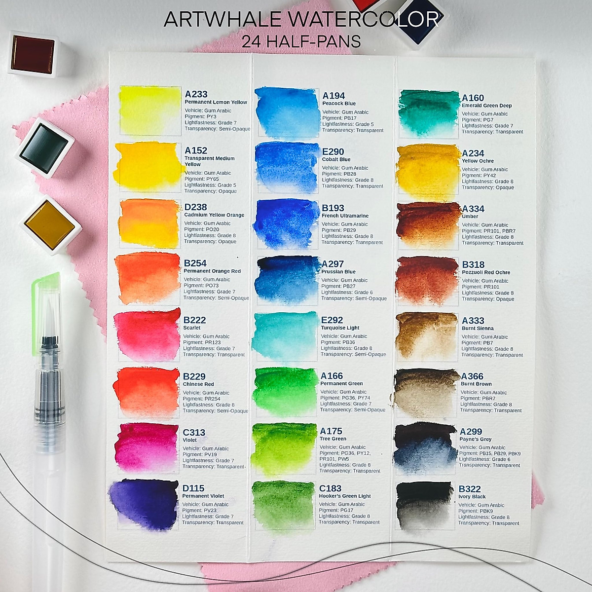 Art Whale Artists' Watercolor 24 Colors in Half-Pans