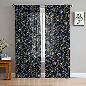 Singingin Chiffon Backdrop Curtain, Gold Gradient Floral Leaves Black Soft Lightweight Window Drapes Rod Pocket Curtains for Bedroom Living Room Home Office Decor 52 x 84 Inch, 2 Panels