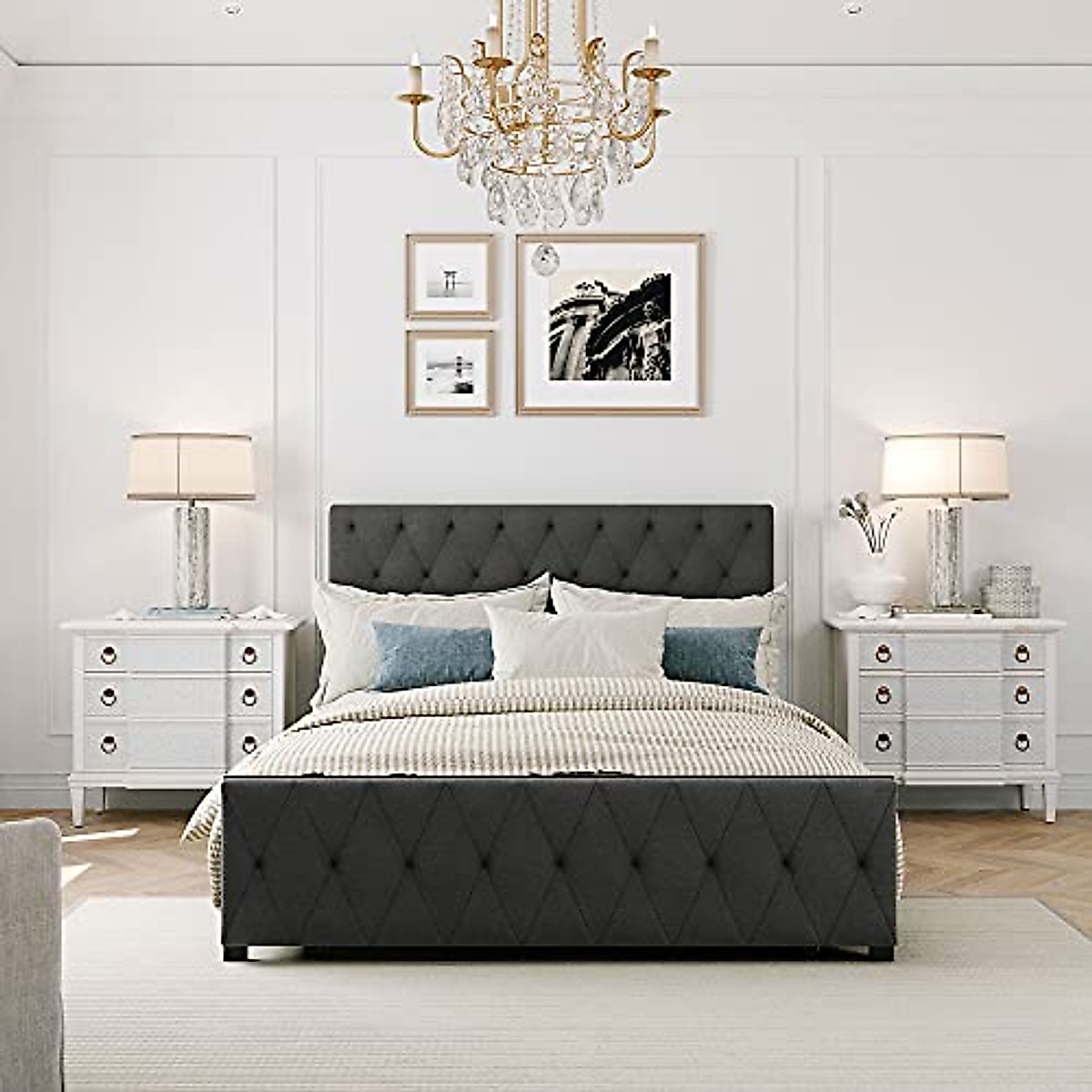 Merax Metal Upholstered Bed Frame wit Storage Drawer/Mattress Foundation/Wood Slat Support/No Box Spring Needed Gray, Full