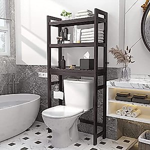 TINKLE WELL Bamboo Over The Toilet Storage, 3-Tier Bathroom Organizer Rack with Adjustable Bottom Bar, Space Saver, Natural, 64.2'' x 24.8'' x 10.2''