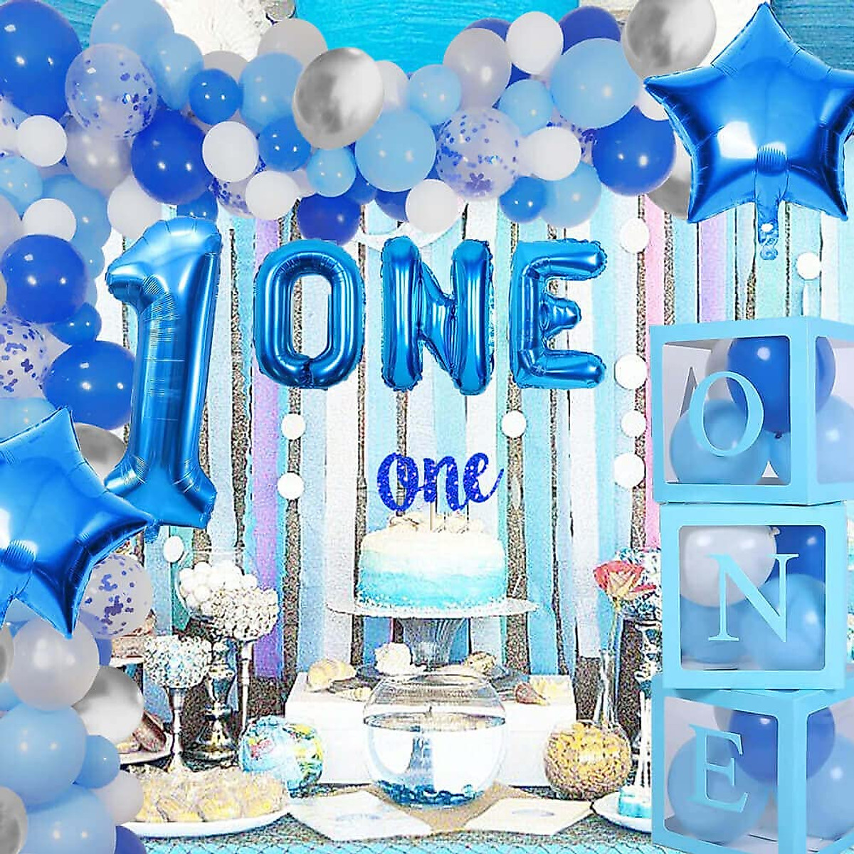 149 Pcs Boys 1st Bday Decorations Blue One Balloons Backdrop Boys One Year Old Birthday Balloons Garlands Arch Kit with Balloons Boxes for Boys First Birthday Baby Shower Party Supplies Decorations
