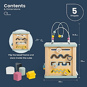 Bigjigs Toys Wooden Activity Cube - 100% FSC® Certified Busy Centre With Shape Sorter & Bead Maze, Sustainable Sensory Toys For 1 Year Old, 22cm W x 23cm H