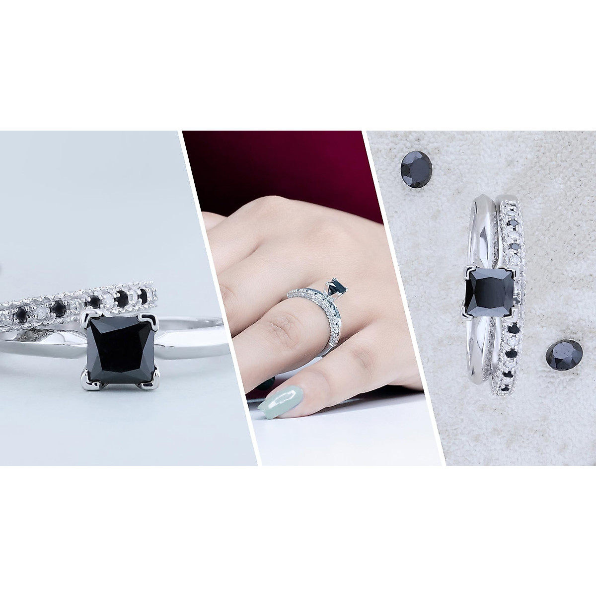 Dazzlingrock Collection 1.50 Carat (Cttw) 14K Princess Black & Round White Diamond Solitaire Engagement Ring With Miligrain Set in White Gold, Size 7