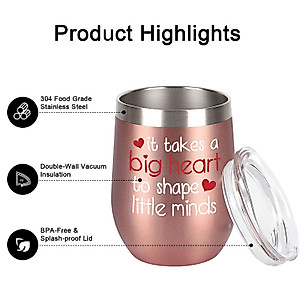 GINGPROUS It Takes a Big Heart to Shape Little Minds Wine Tumbler, 12 Oz Stainless Steel Wine Tumbler Glass with Lid and Straw, Funny Birthday Thank you Teacher Appreciation Gifts for Teachers Women