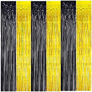Black and Gold Fringe Fringe Backdrop, 2025 Graduation Tinsel Backdrop Gold Black Booth Streamers for New Year Birthday Wedding Disco Party Decorations (3 Pack)