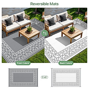 GENIMO Outdoor Rug 5'x8' for Patio Clearance, Reversible Plastic Straw Outdoor Area Carpet Waterproof, Camping Outside Mat for Outdoor Decor, RV, Deck, Camper, Balcony,Picnic Grey & White