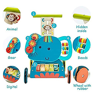 labebe - Baby Pushing Walker Toy for 1-3 Years Old Girl/Boy, Toddler Learning Walker 4 Wheels Wooden Walker, Infant Activity Walker Wagon Toy, Kids Walker Toy for Walking - Blue Elephant