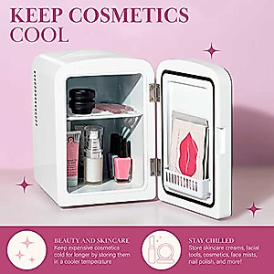 Paris Hilton Mini Refrigerator and Personal Beauty Fridge, Mirrored Door with Dimmable LED Light, Thermoelectric Cooling and Warming Function for All Cosmetics and Skincare Needs, 4-Liter, White